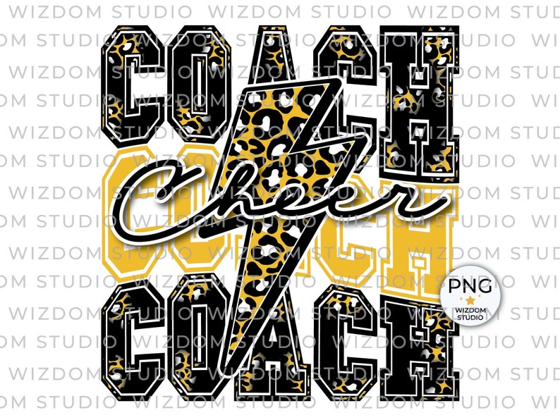 Cheer Coach PNG Image, Lightning Bolt Cheer Leopard Black Gold Design ...