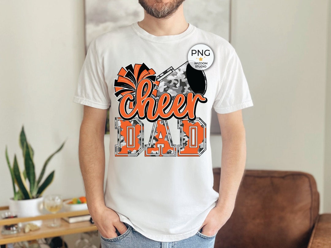 Cheer Dad PNG Image, Orange Camo Cheer Poms & Megaphone Design ...