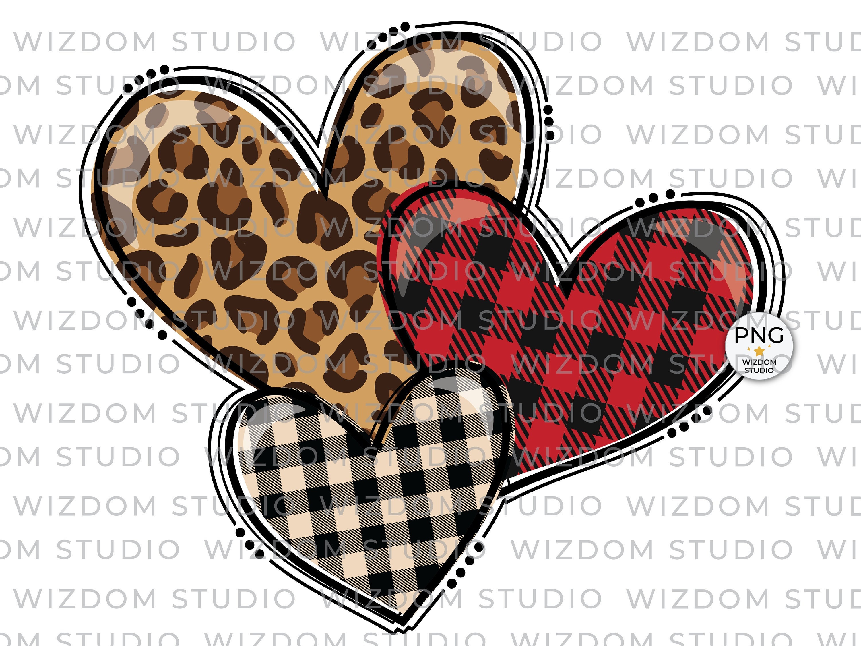 Three Heart PNG Image, Leopard Buffalo Plaid Design, Sublimation ...