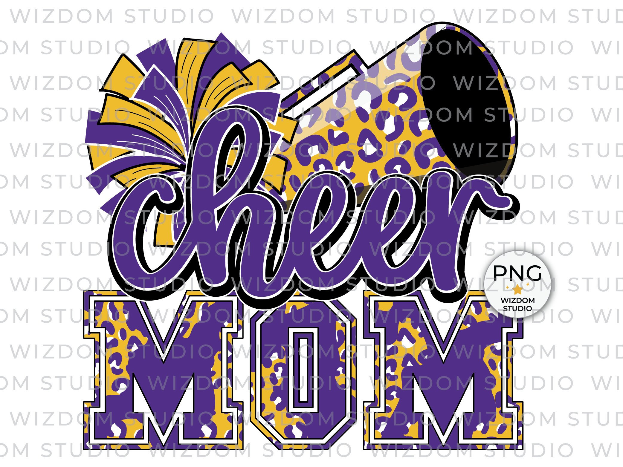 Cheer Mom PNG Image, Purple Gold Leopard Cheer Poms & Megaphone Design ...