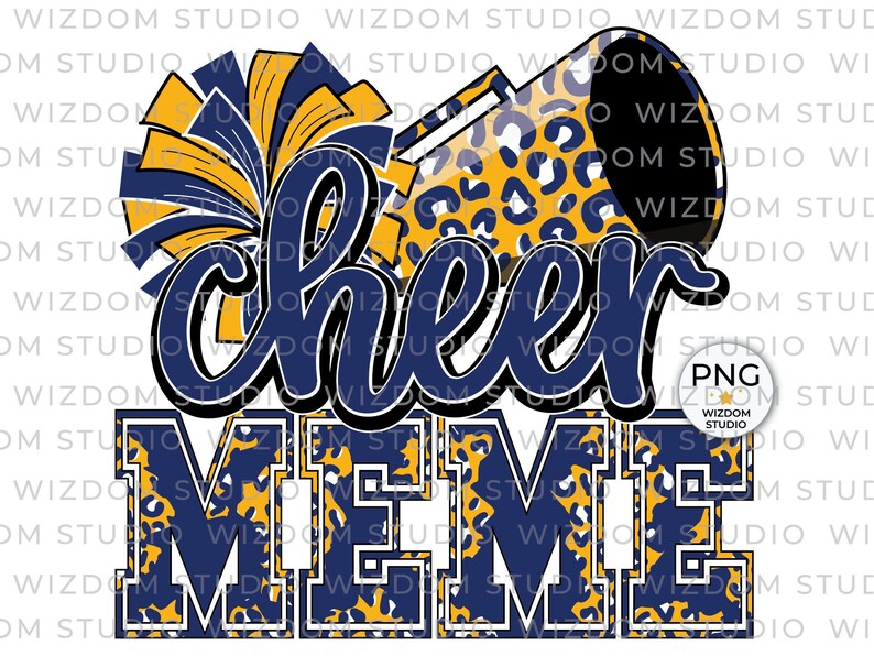 Cheer Meme PNG Image Leopard Navy Gold Cheer Poms & Megaphone - Etsy