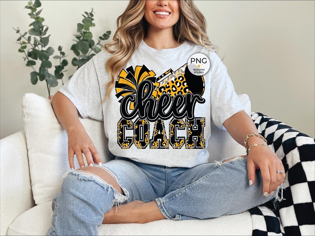 Cheer Coach PNG Image, Black Gold Leopard Cheer Poms & Megaphone Design ...