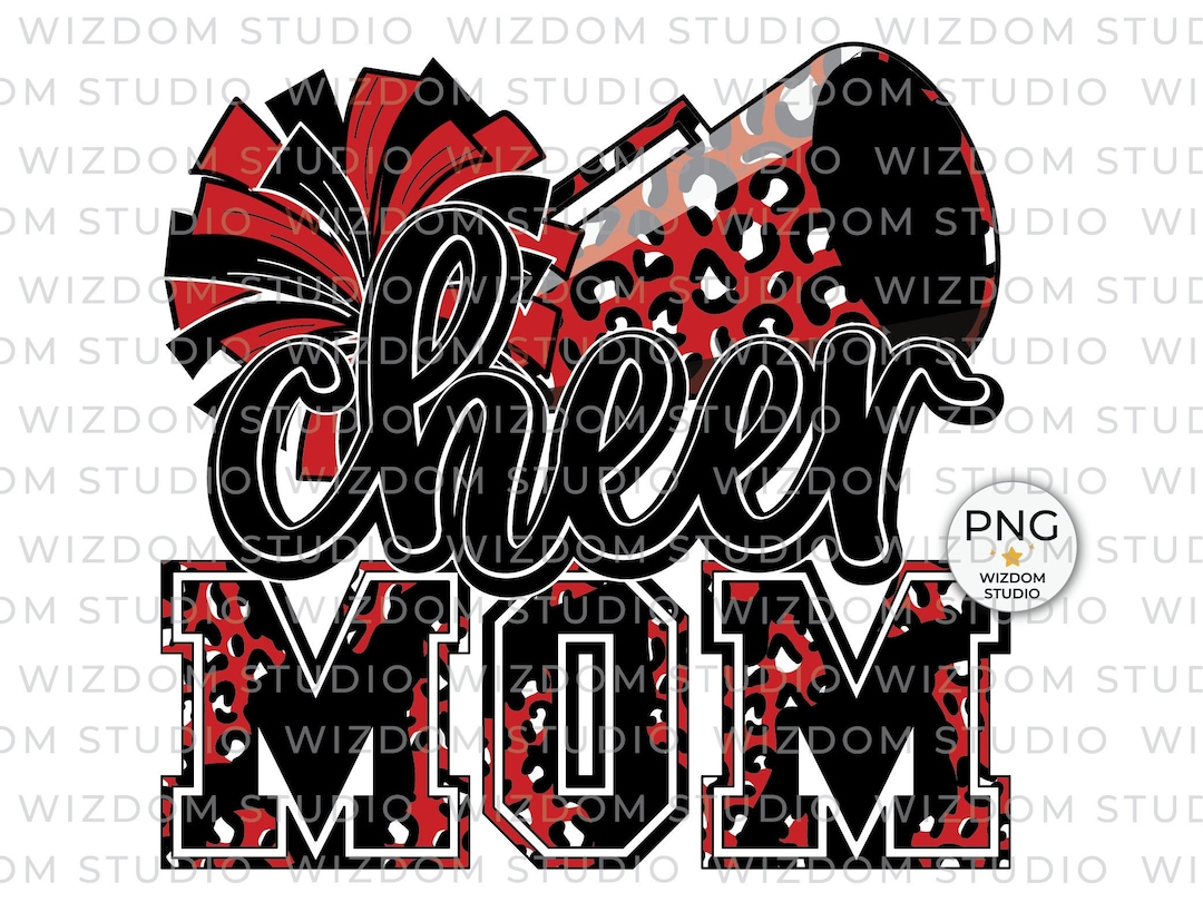 Cheer Mom PNG Image, Red Black Leopard Cheer Poms & Megaphone Design ...