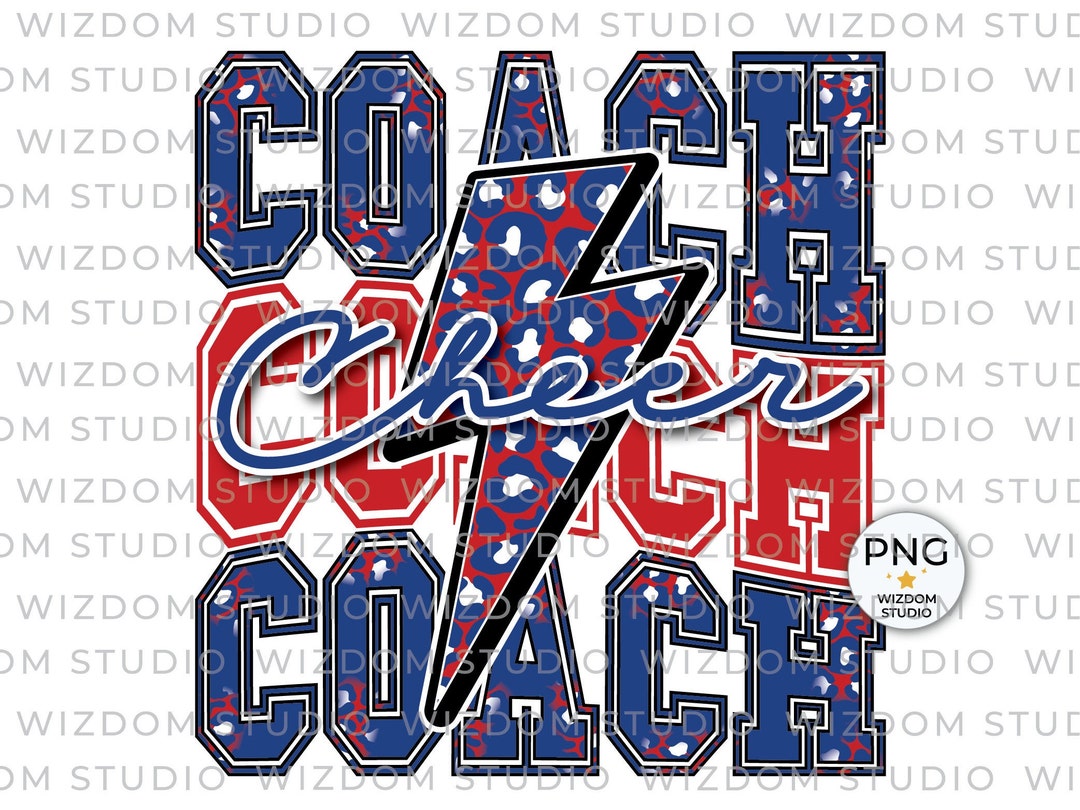 Cheer Coach PNG Image, Lightning Bolt Cheer Leopard Blue Red Design ...