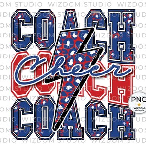 Cheer Coach PNG Image, Lightning Bolt Cheer Leopard Blue Red Design ...