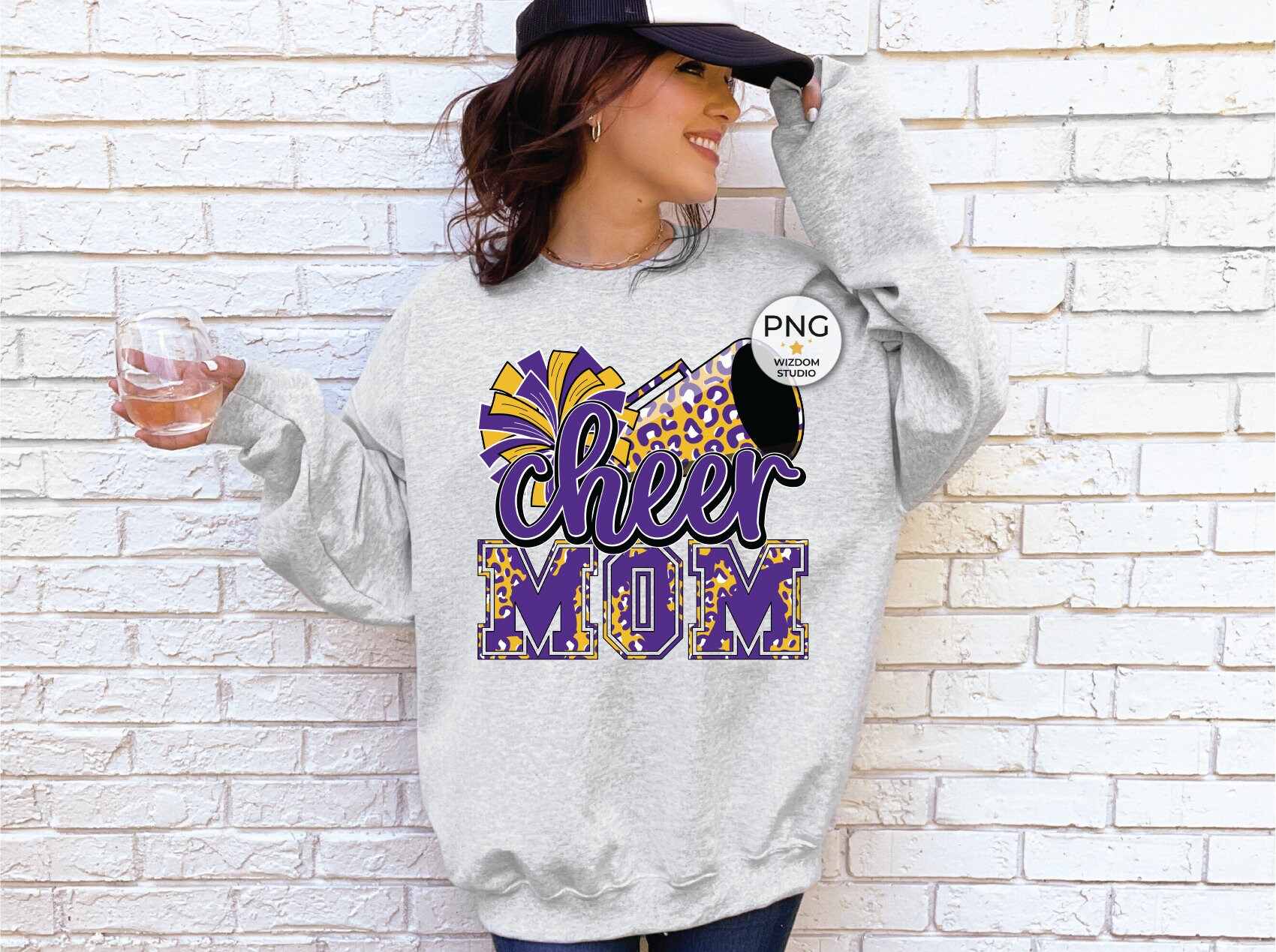 Cheer Mom PNG Image, Purple Gold Leopard Cheer Poms & Megaphone Design ...