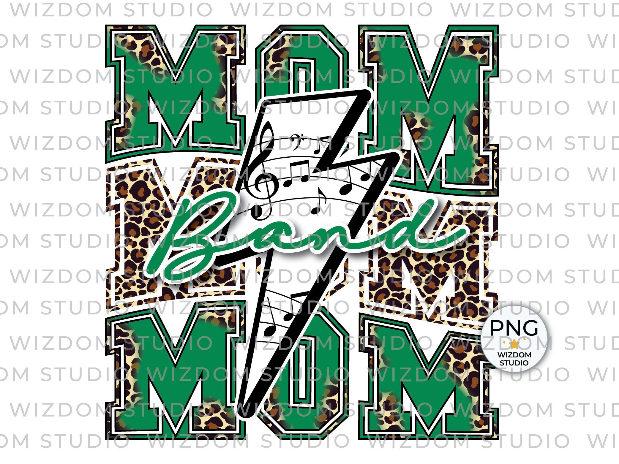 Band Mom PNG Image, Marching Band Lightning Bolt Leopard Green Design ...