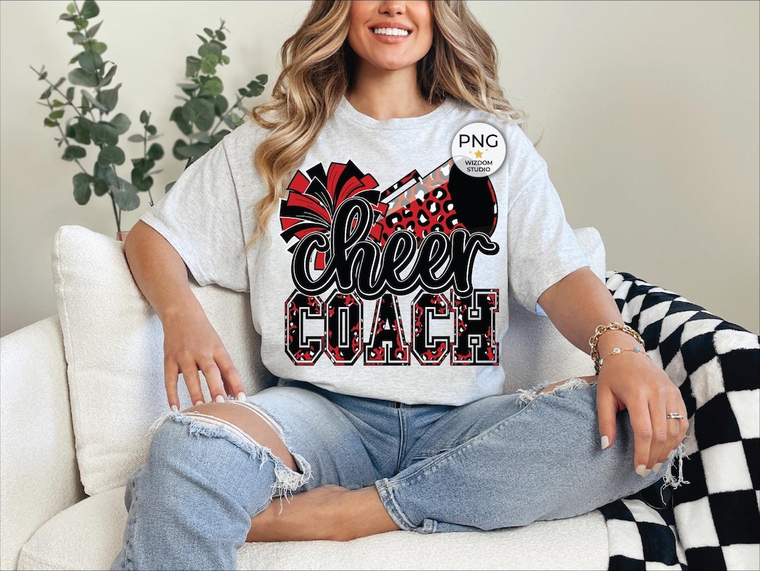 Cheer Coach PNG Image, Red Black Leopard Cheer Poms & Megaphone Design ...