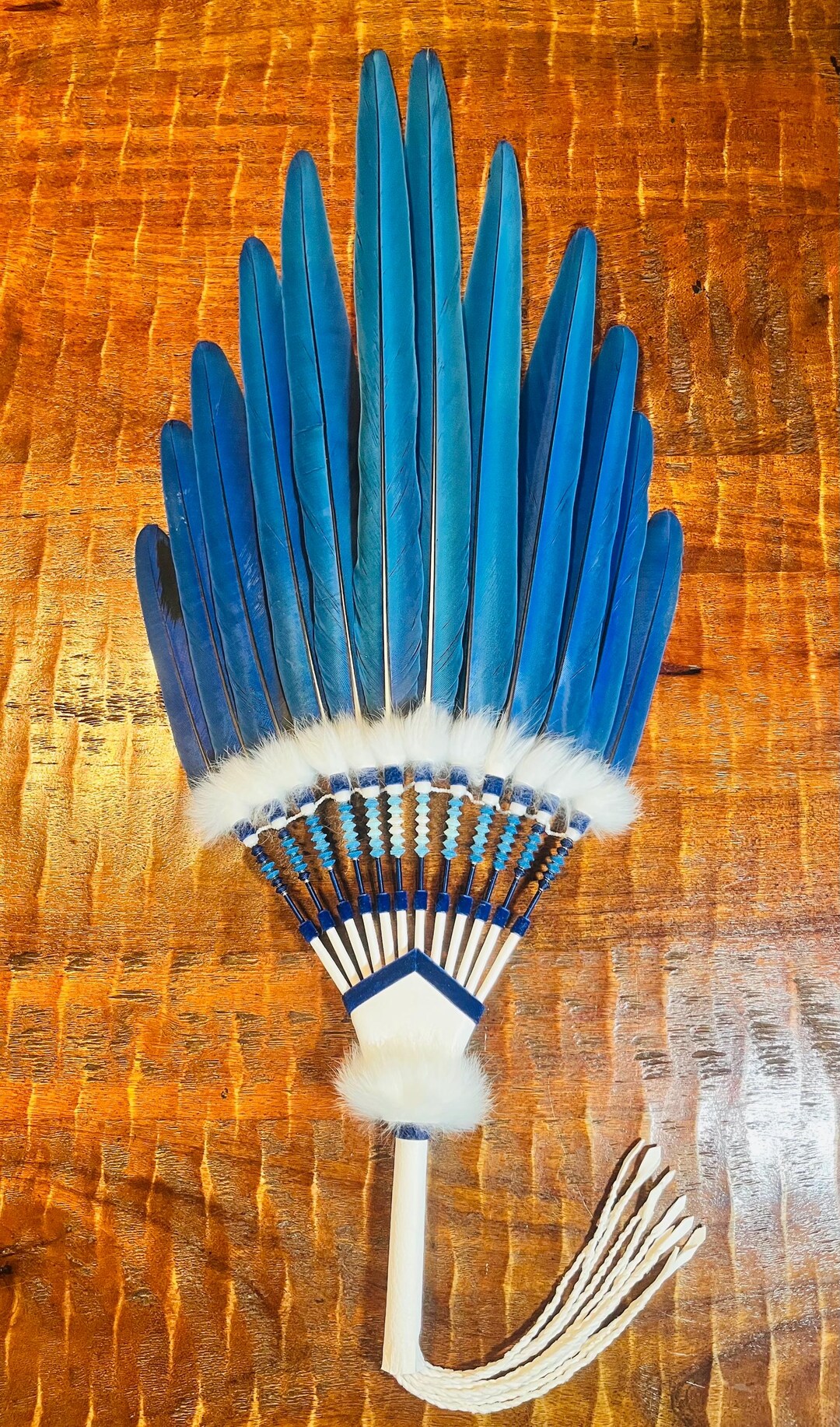 Beautiful Blue Macaw Feather Fan With Rabbit Fur, NAC Prayer Fan ...