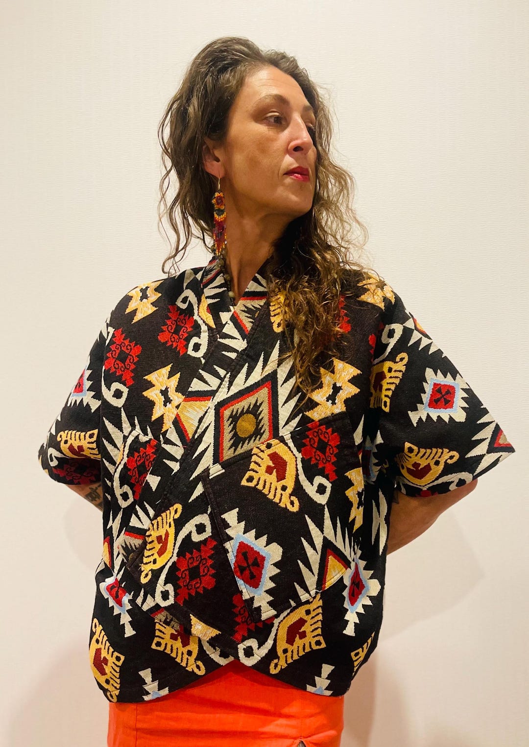 Batwing Jacket, Boho Tribal, Natural Cotton, Silk Handwoven, Wide Cuff ...