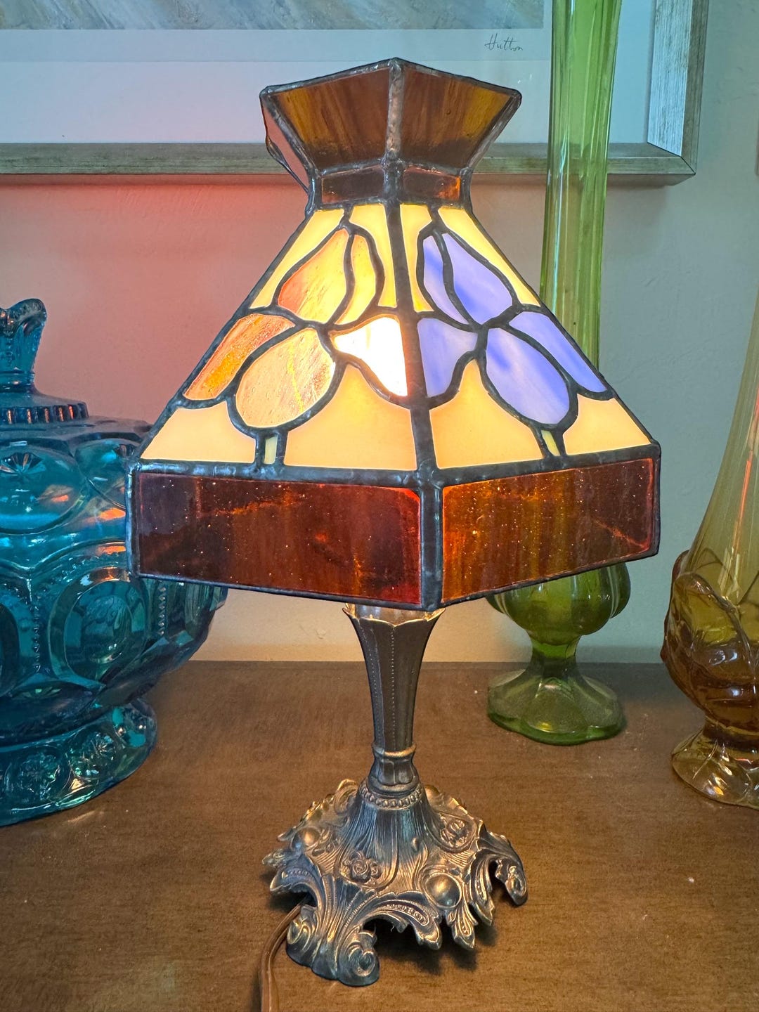 Vintage Tiffa-mini Mosaic Stained Glass Lamp/ Accent Lamp/floral - Etsy