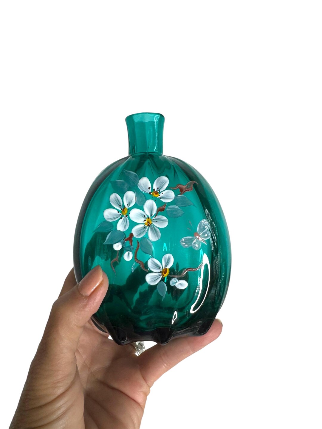 Hand Blown Teal Green MMA Flask Bottle Vase, Hand Painted Floral Teal ...