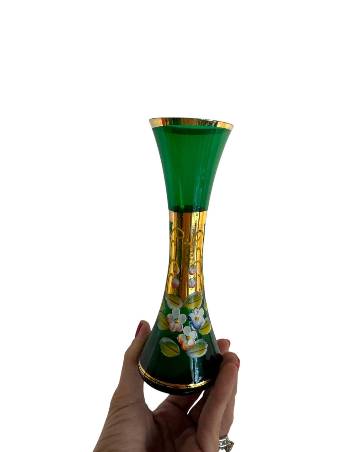 Emerald Green and Gold Hand Painted Flowers Bohemian Glass Bud Vase - Etsy