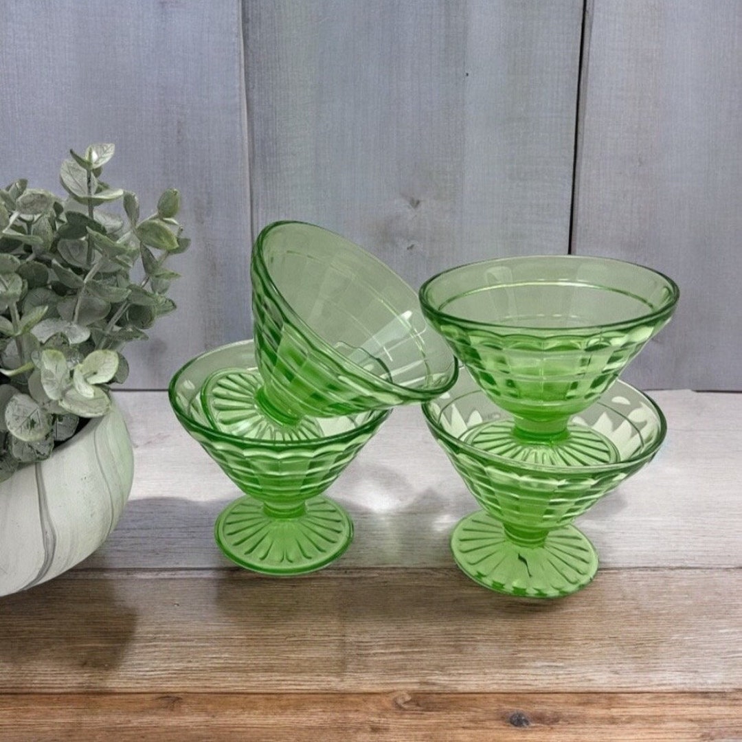 Set of 4 Uranium Glass Anchor Hocking Block Optic Green Sherbet/dessert ...