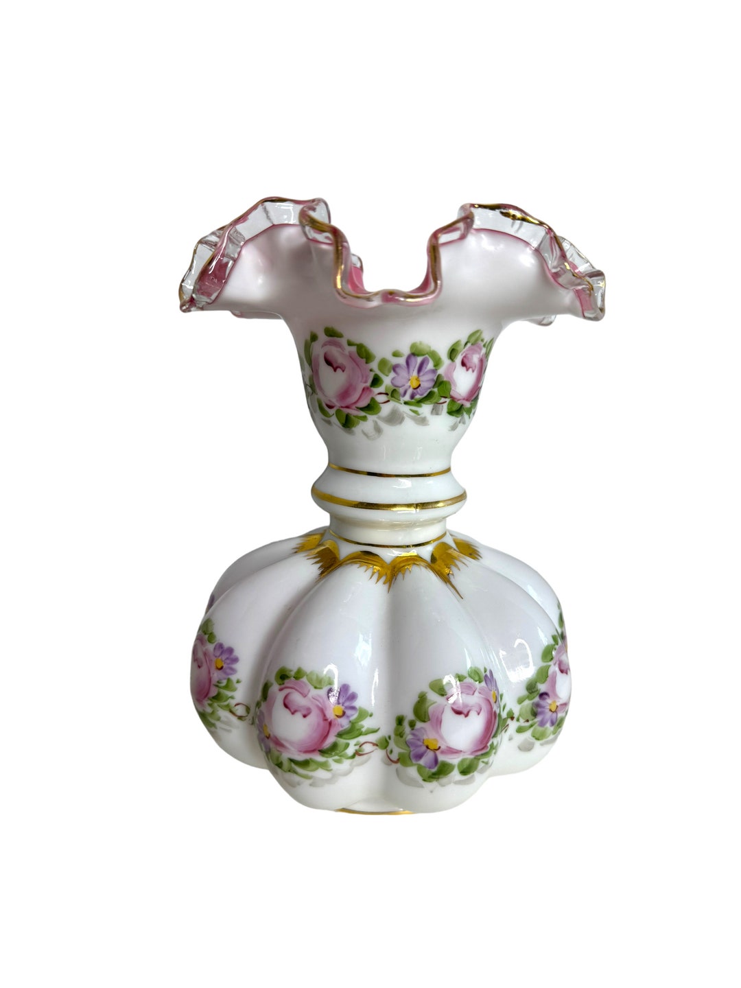 Fenton Charleton Roses Peach Crest Melon Vase With Hand Decorated Pink ...
