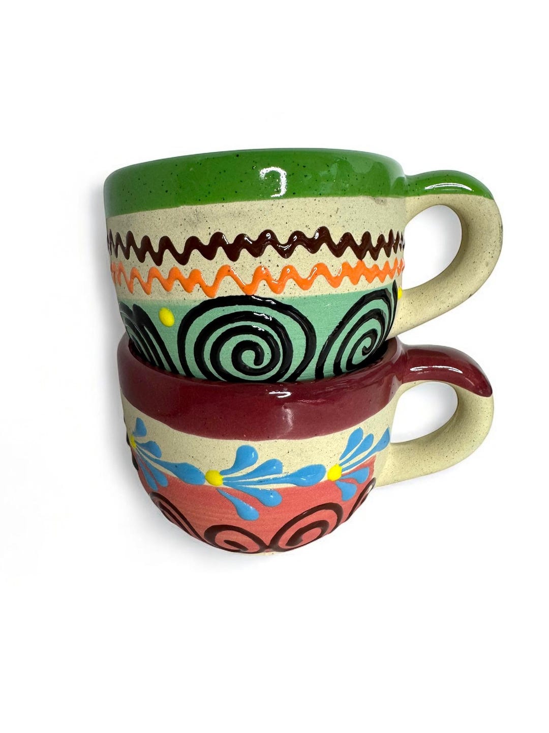 2 Mexican Clay Mugs - Jarrito Mexicano/ Hand Decorated Sandstone Mug ...