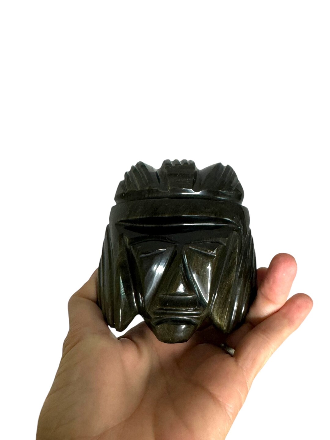 Aztec Mayan Hand Carved Gold Sheen Obsidian Tribal Head Figure ...