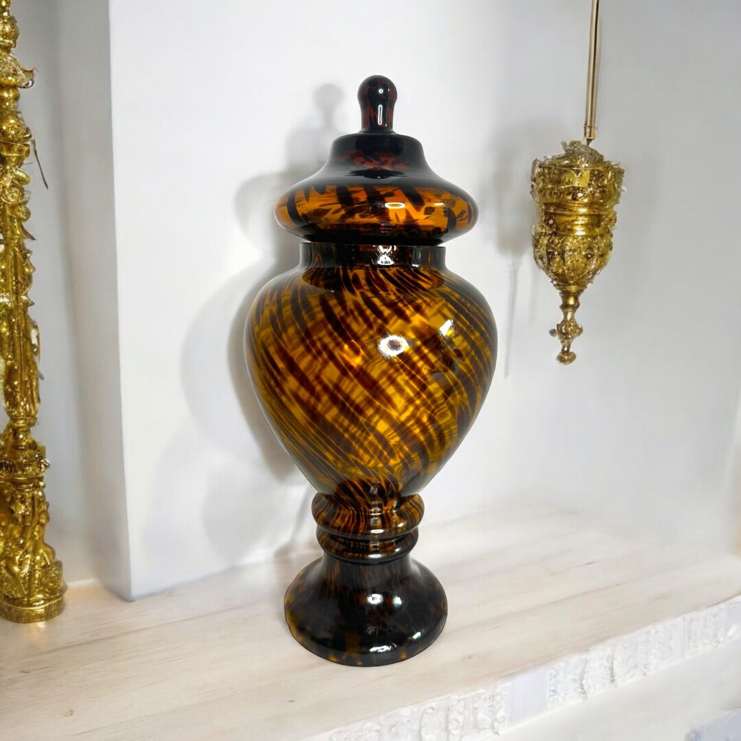Tortoise Shell Glass Footed Apothecary Jar, Urn Vintage Art Glass/candy ...