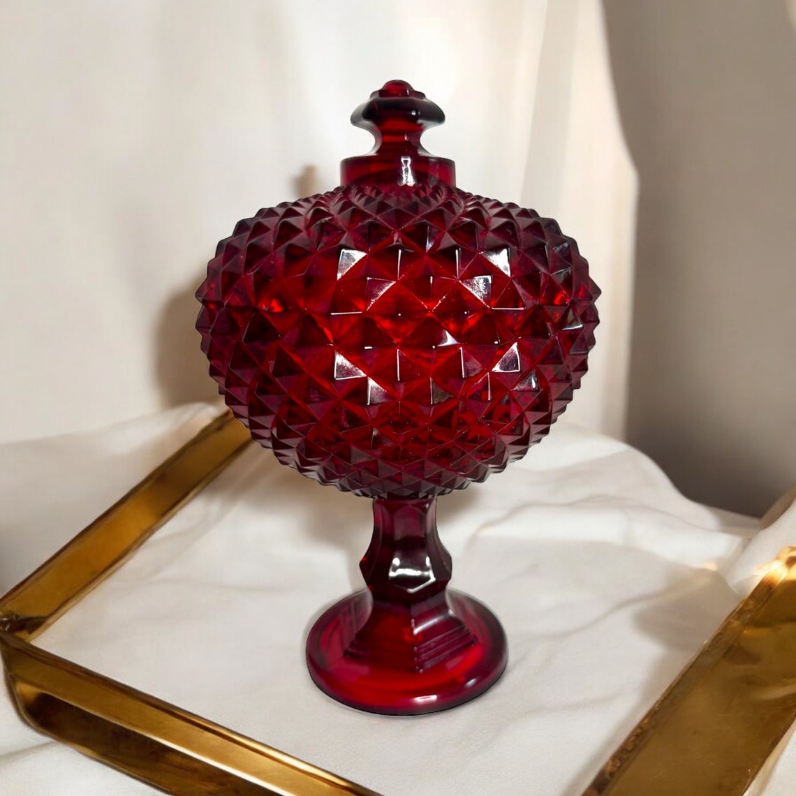 Vintage Westmoreland Ruby Red Diamond Point Sawtooth Edge Glass Lidded ...