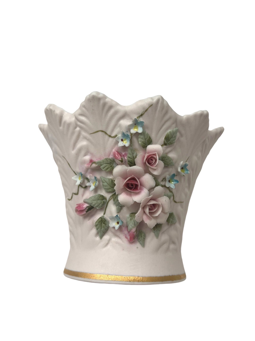 Vintage Lefton Flower Vase/planter Applied Roses and Blue Forget Me ...