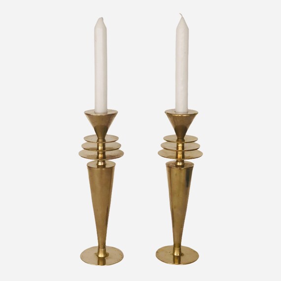 Machine age brass candle holders/Art Deco/modern/atomic | Etsy