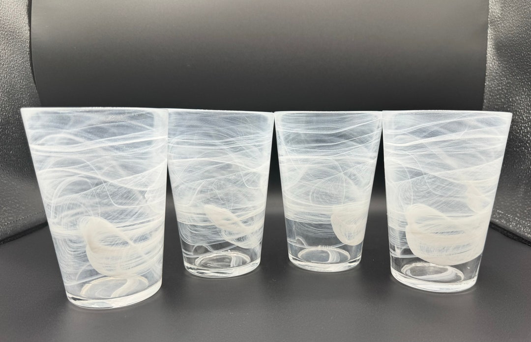 White Swirl Hand Blown Art Glass Drinking Tumblers Glasses 12 Oz Set of ...