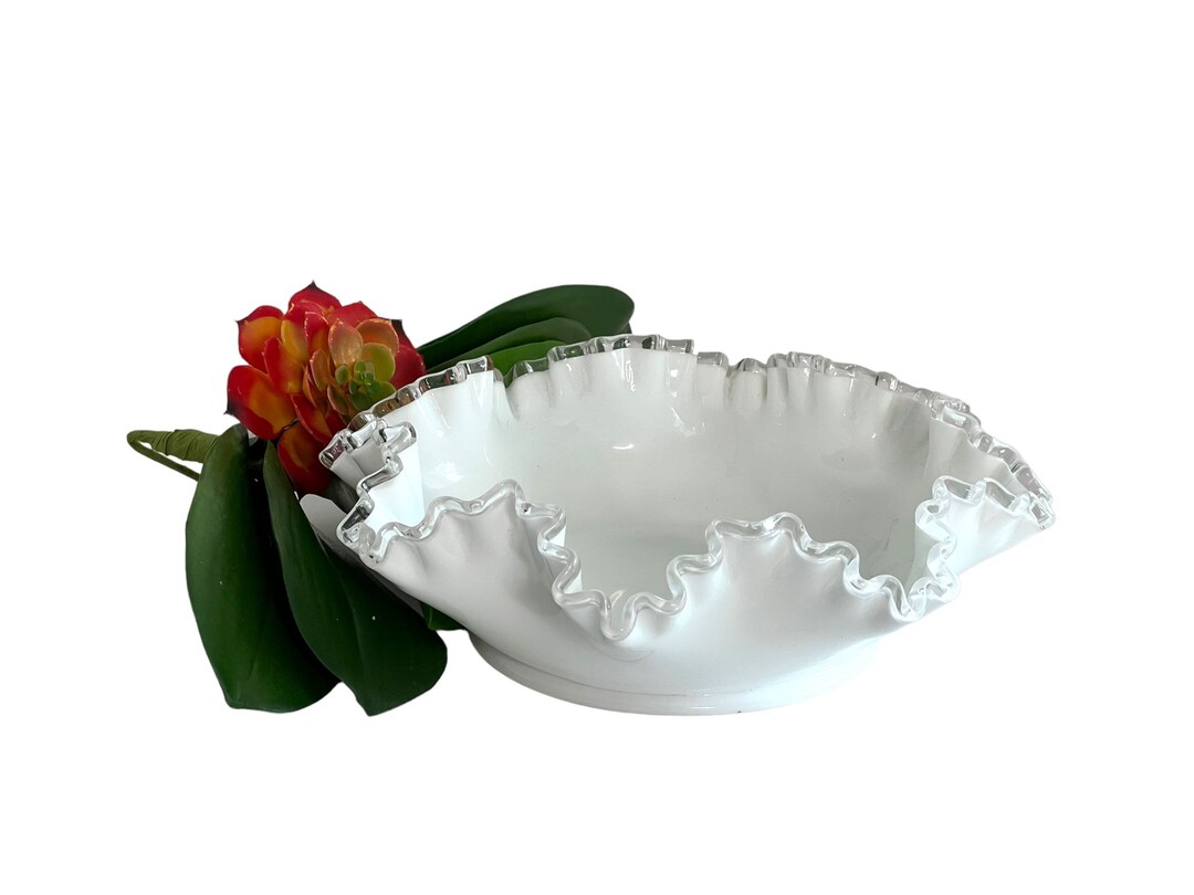 Vintage Fenton White Milk Glass Silvercrest Ruffled Edge Bowl/vintage ...