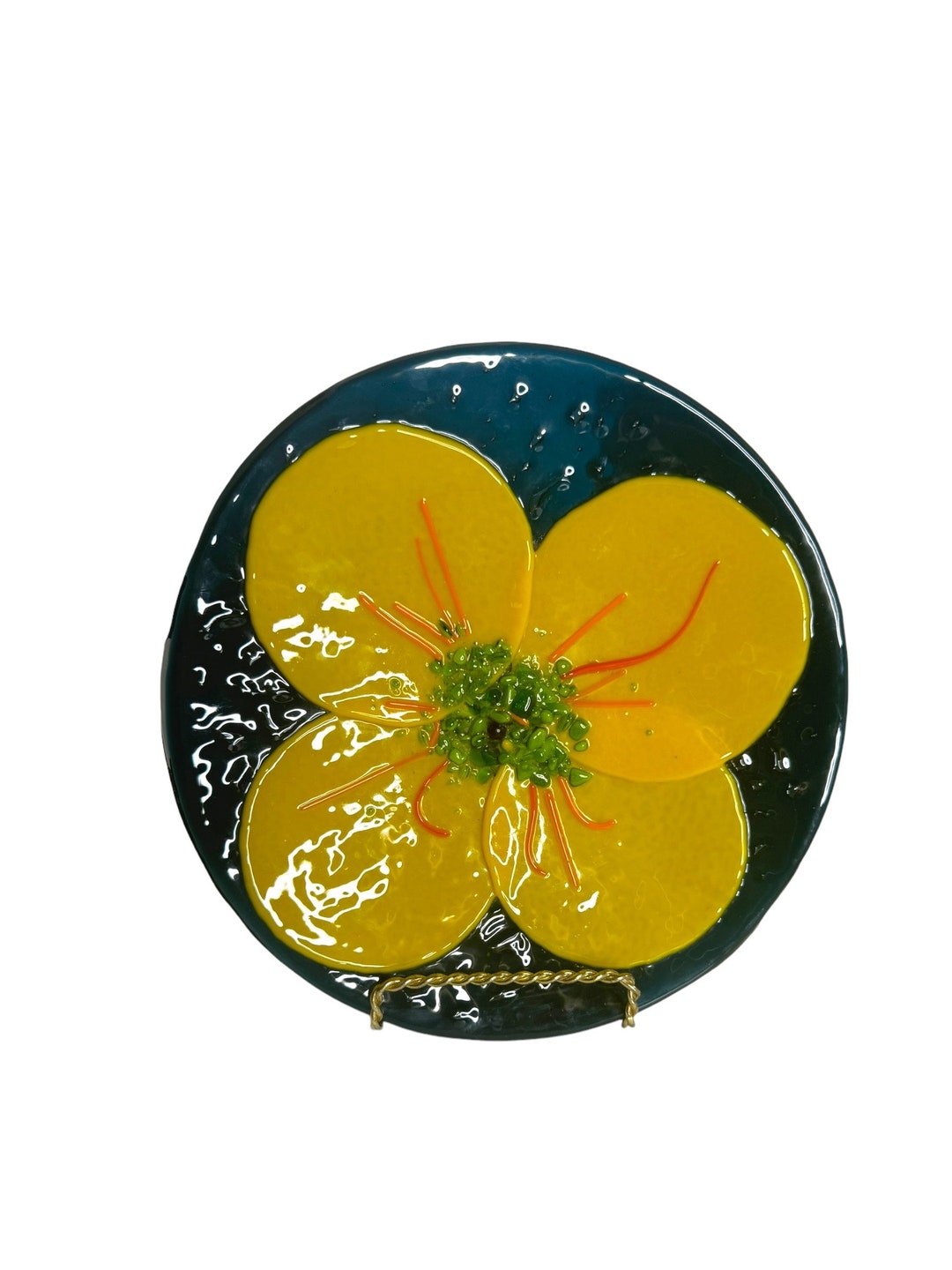 Fused Art Glass Floral Plate/blue and Yellow Flower Plate/decorative ...