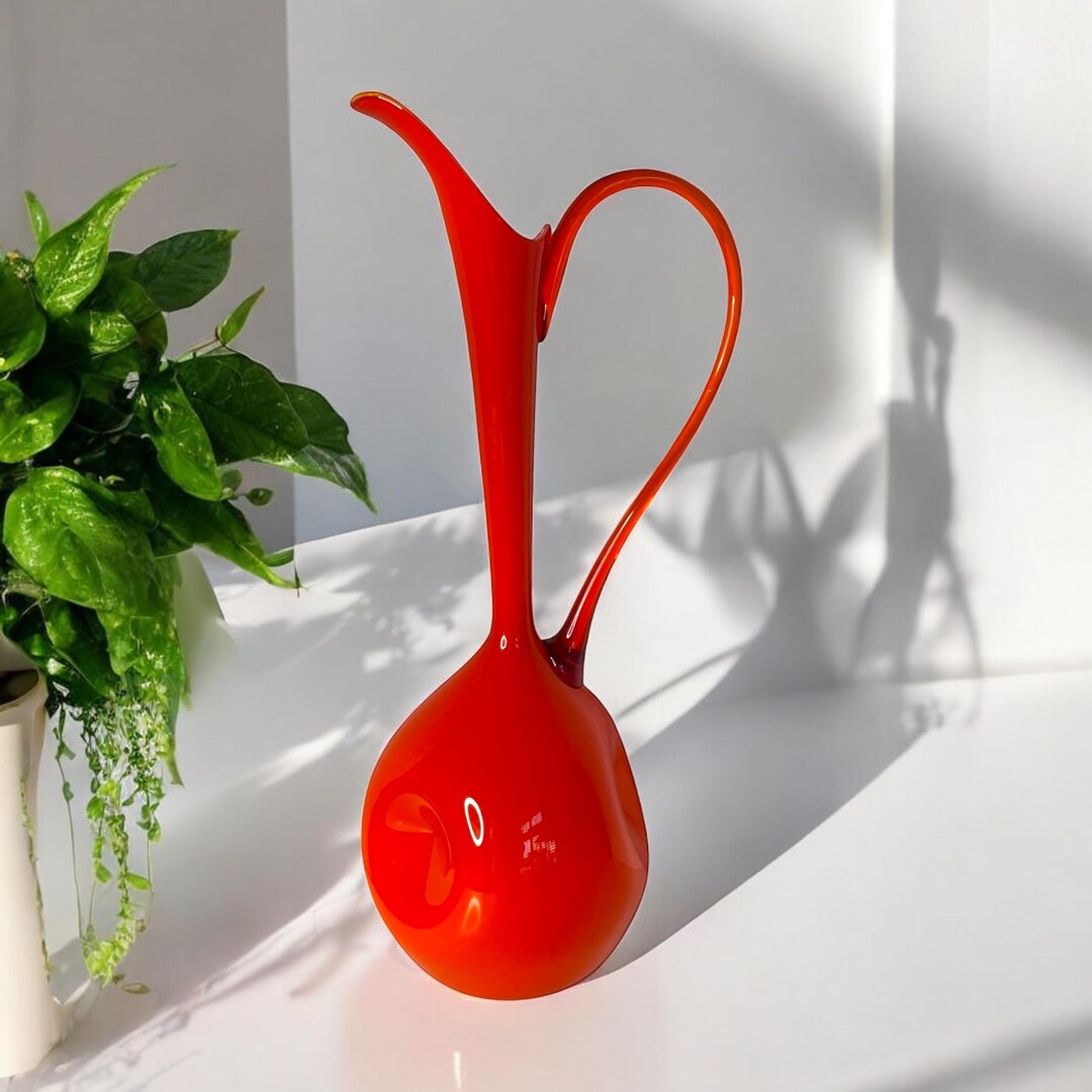 Vintage MCM Bright Orange/red Italian Empoli Pinched Pitcher Decanter ...