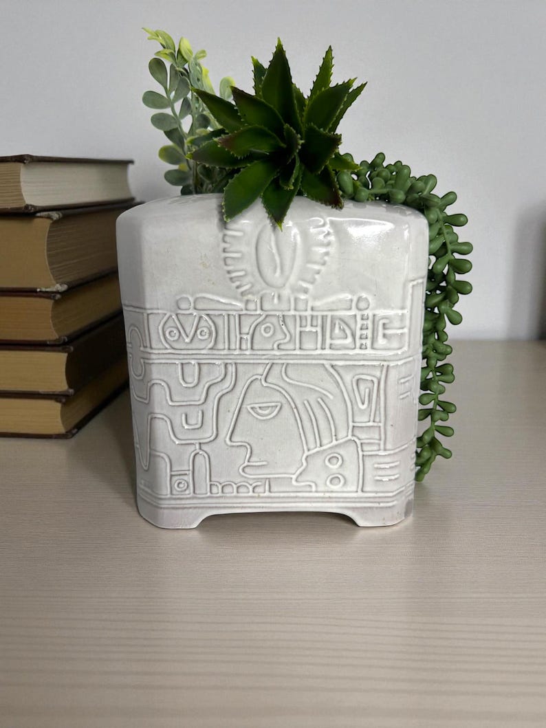 Frankoma Pottery Mayan Aztec White Sand 4C Planter Vase Utensil Crock ...