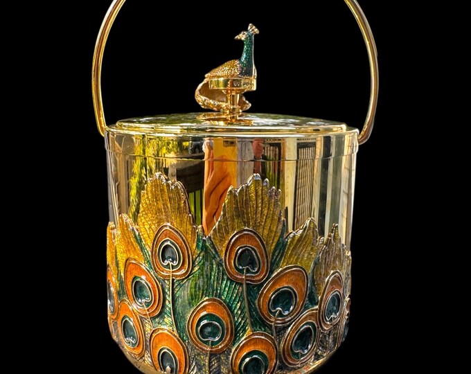 Vintage Neiman Marcus St. John Ice Bucket Peacock Enameled Gold and ...