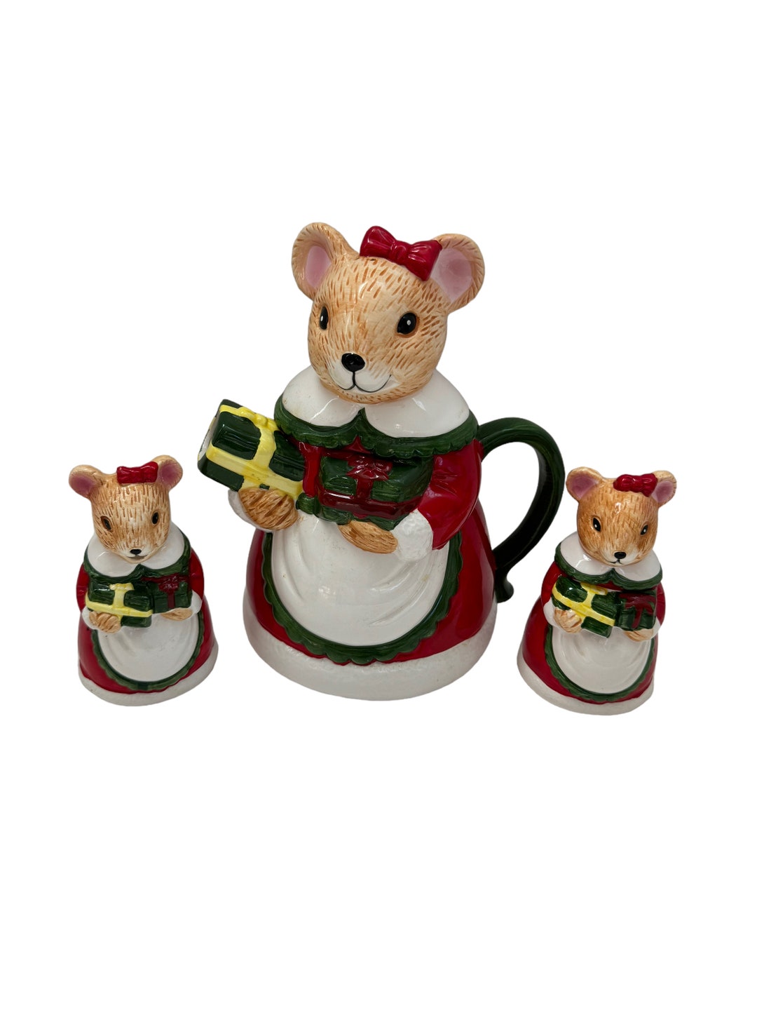Vintage Christmas Teapot Set/ Display Set/ Mrs Mouse Christmas Set With ...