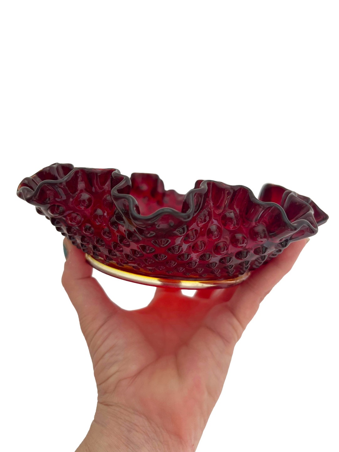 Vintage Fenton Red Amberina Ruffled Hobnail Bowl/candy Bowl/collectible ...