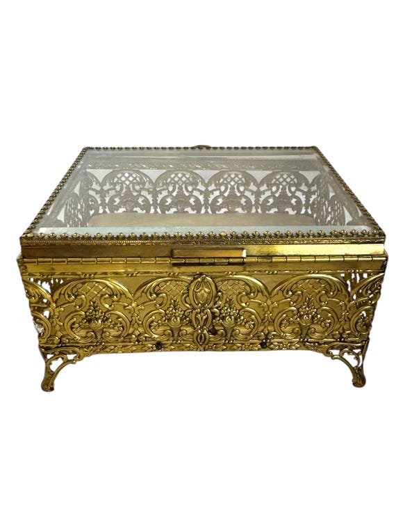 Vintage Footed gold metal Filigree Jewelry Casket/ Je… - Gem