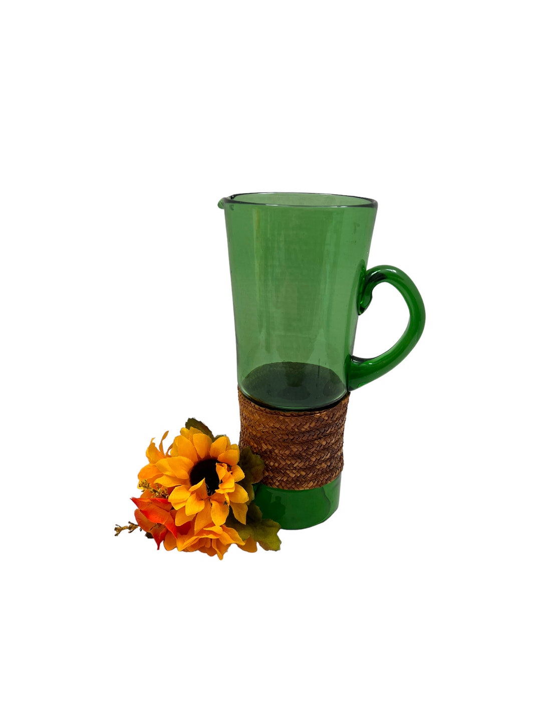 Vintage Green Glass Pitcher With Natural Straw /textile Wrapping - Etsy