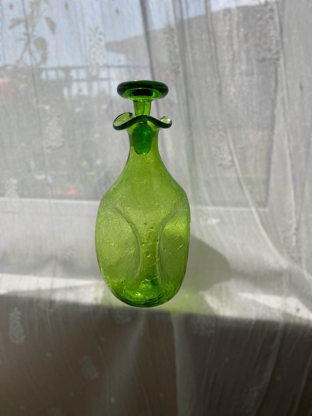 Blenko Glass 49 Three Sided Pinched Green Crackle Glass Decanter With ...