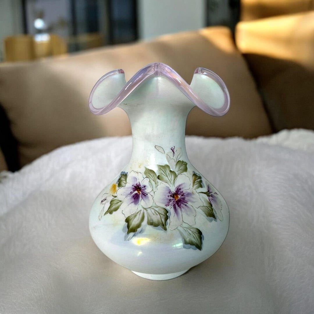 Fenton Hand Painted 95th Anniversary Purple Flower Vase,iridescent ...
