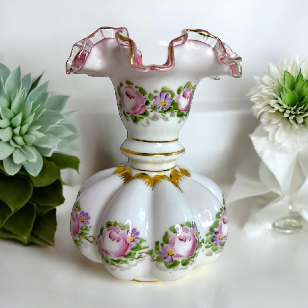 Fenton Charleton Rose Peach Crest Melon Vase With Hand Decorated Pink ...