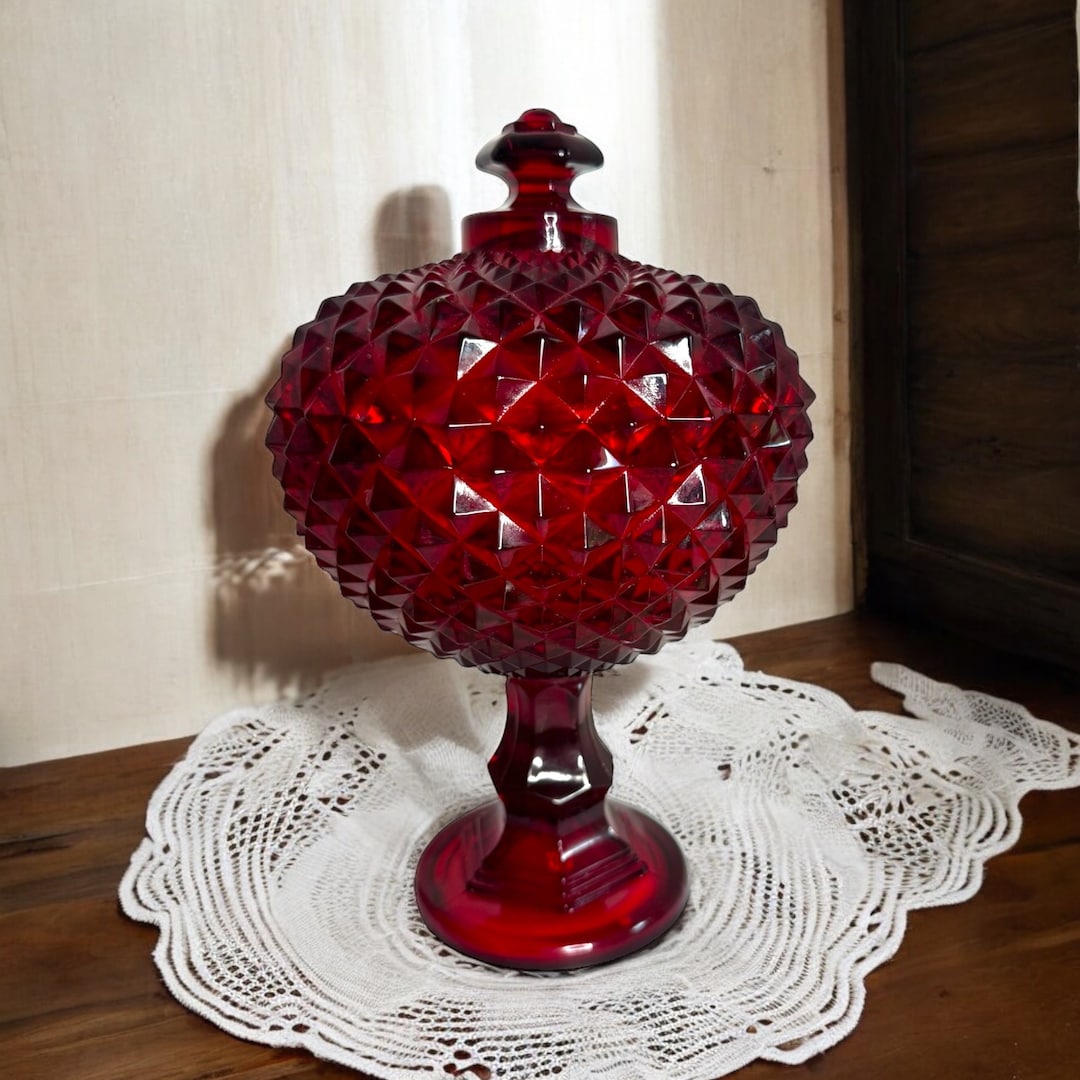 Vintage Westmoreland Ruby Red Diamond Point Sawtooth Edge Glass Lidded ...