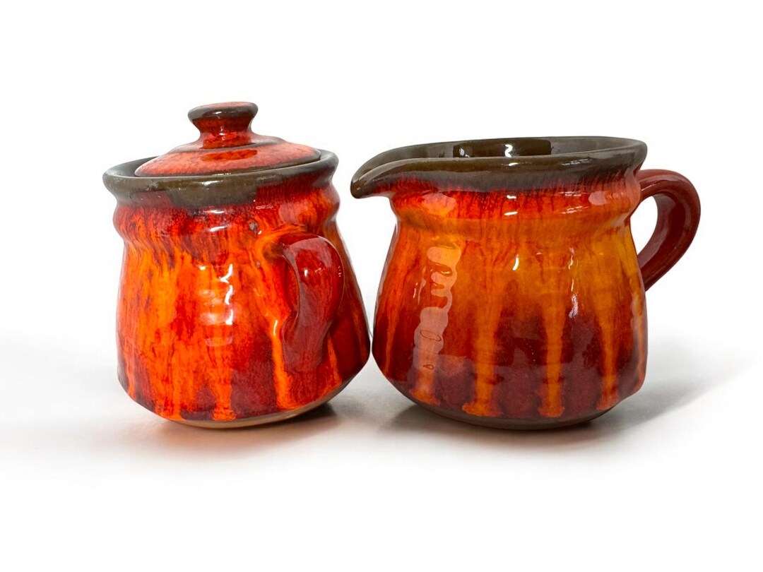70s Art Pottery Creamer and Sugar Set, Red Orange Drip Glaze, Jacques ...