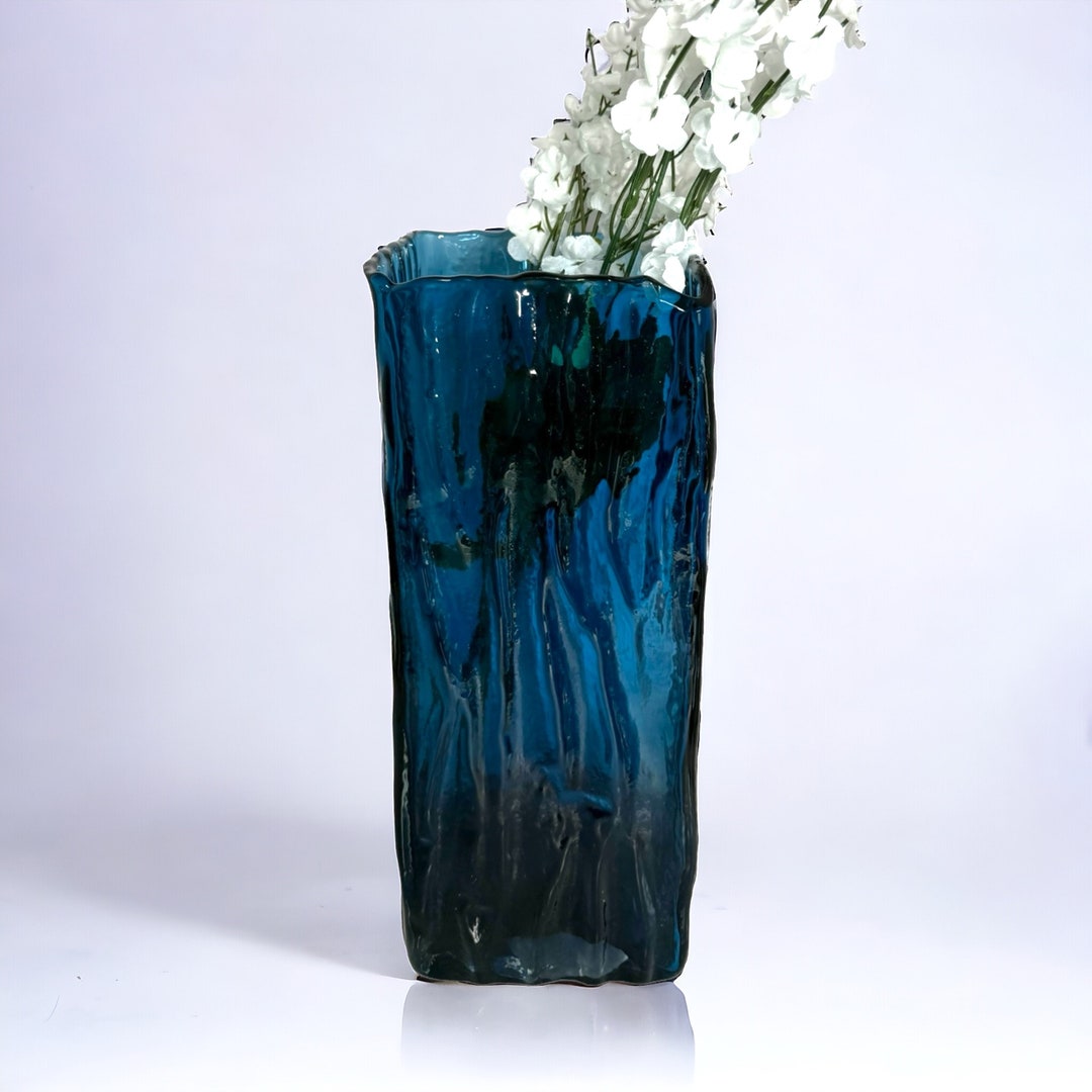 Art Glass Modernist Ocean Blue Vase/rain Textured Vase/textured Glass ...