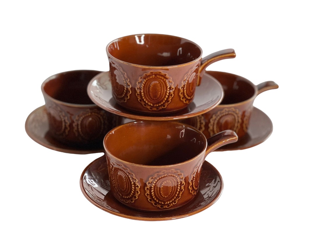 Vintage long handle soup cups with saucers/Barbeque by Durratts ...