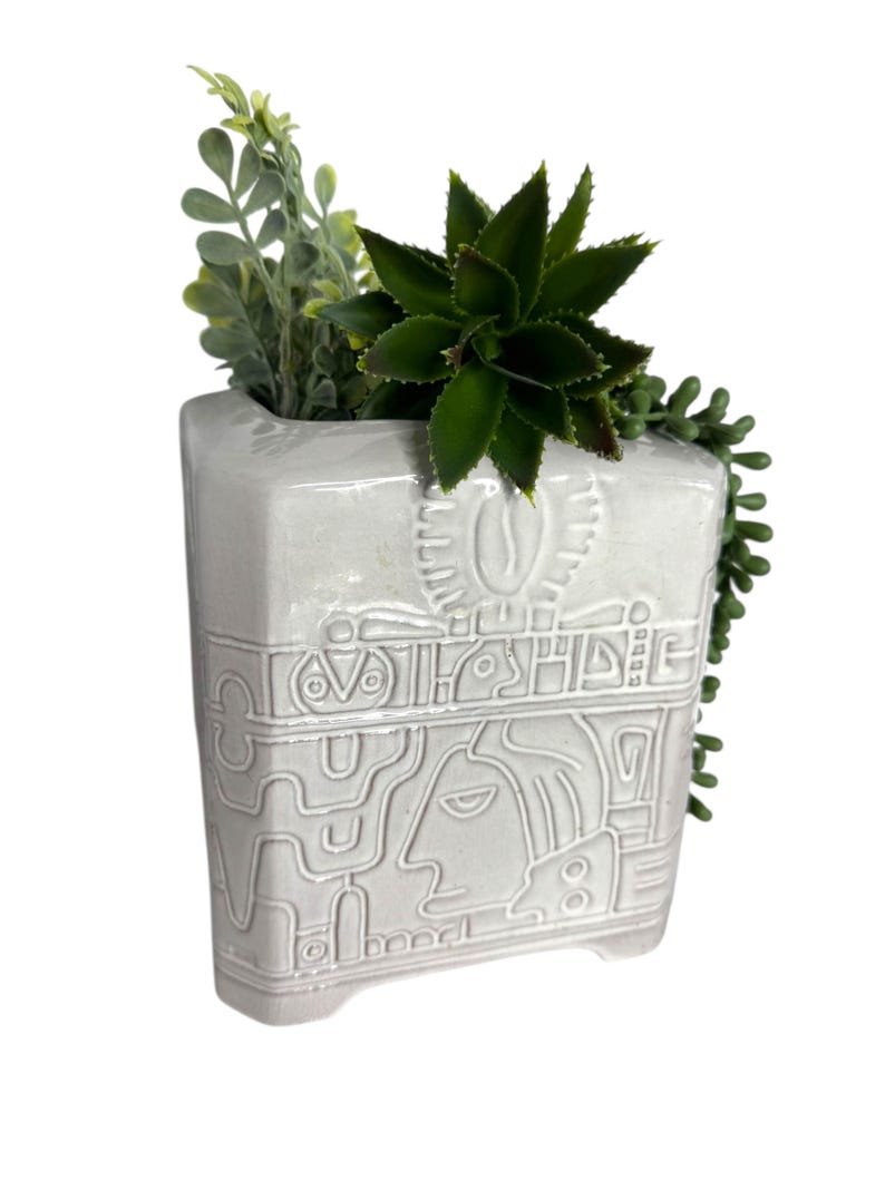 Frankoma Pottery Mayan Aztec White Sand 4C Planter Vase Utensil Crock ...