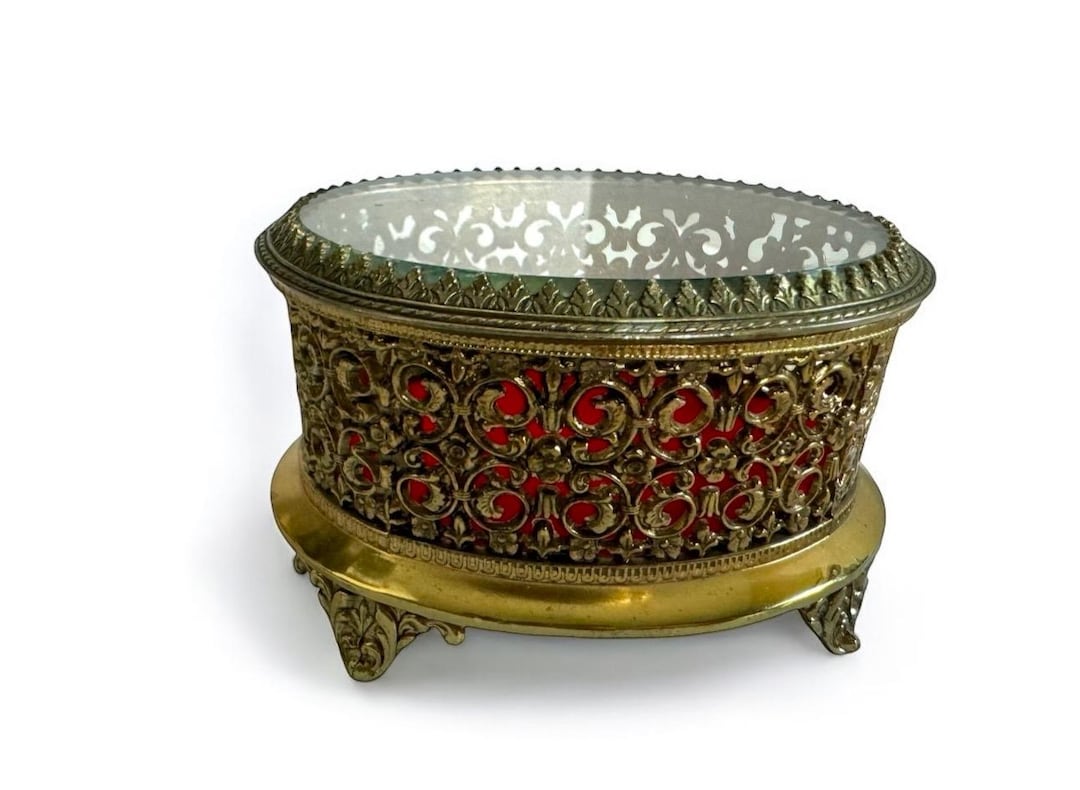 Vintage Footed Gold Metal Filigree Jewelry Casket/ Jewelry Box ...