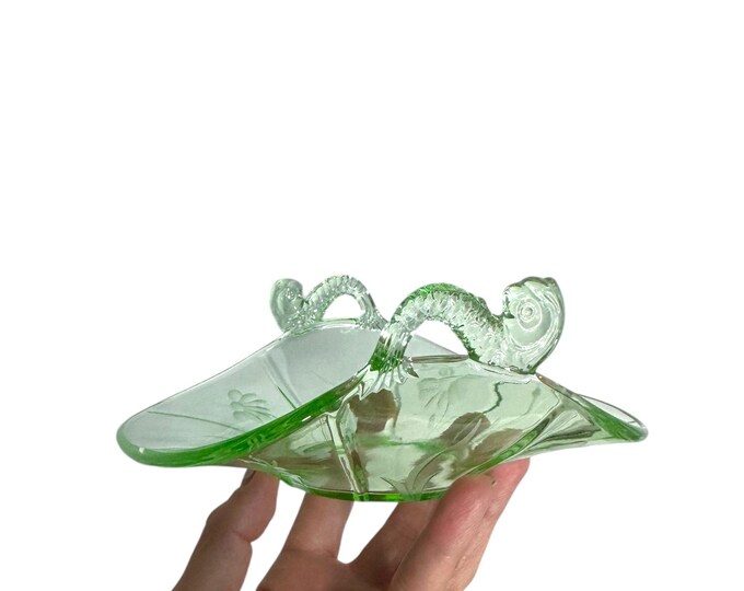 Fenton Green Uranium Glass Paneled Dish /folded Bowl With Dolphin ...