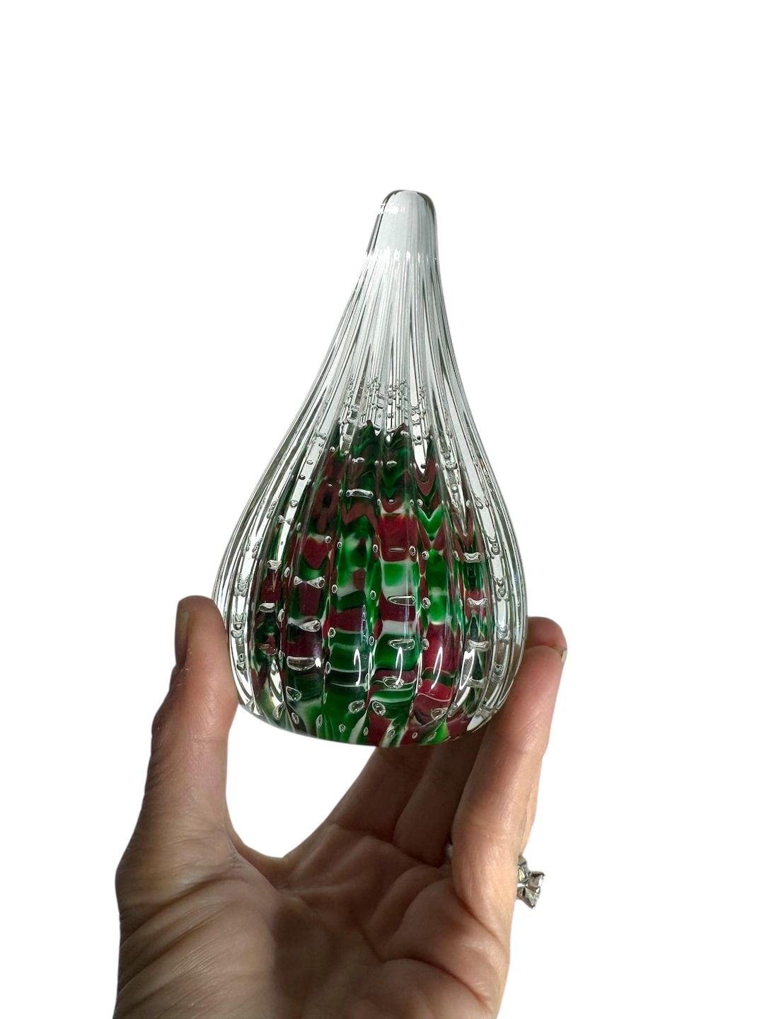Joe Rice Controlled Bubble Ribbed Paperweight, Green and Red Clear ...