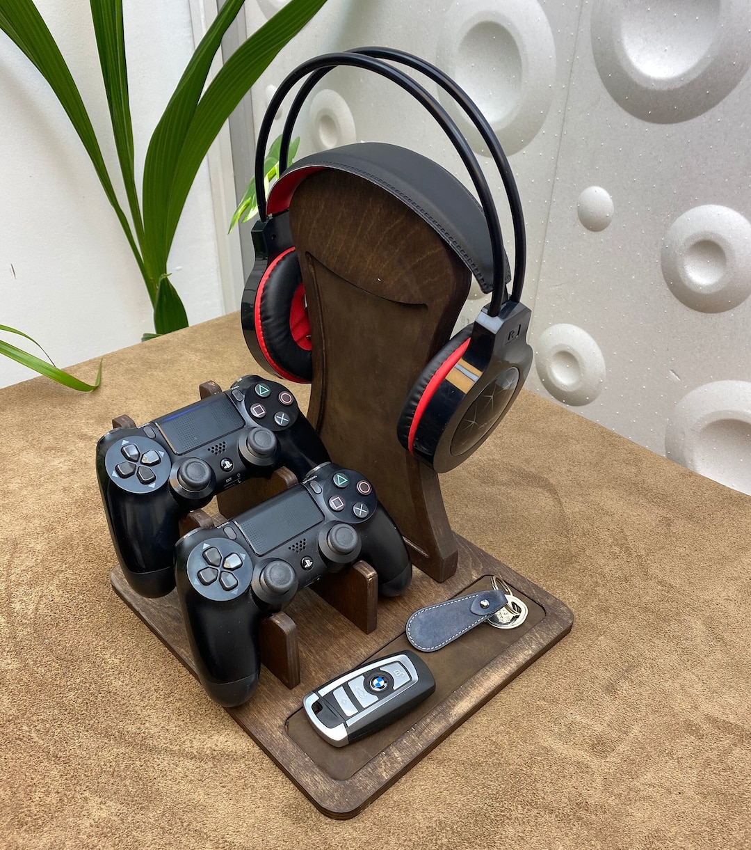 Personalized Wood & Leather Controller Holder, Headphone Stand - Etsy