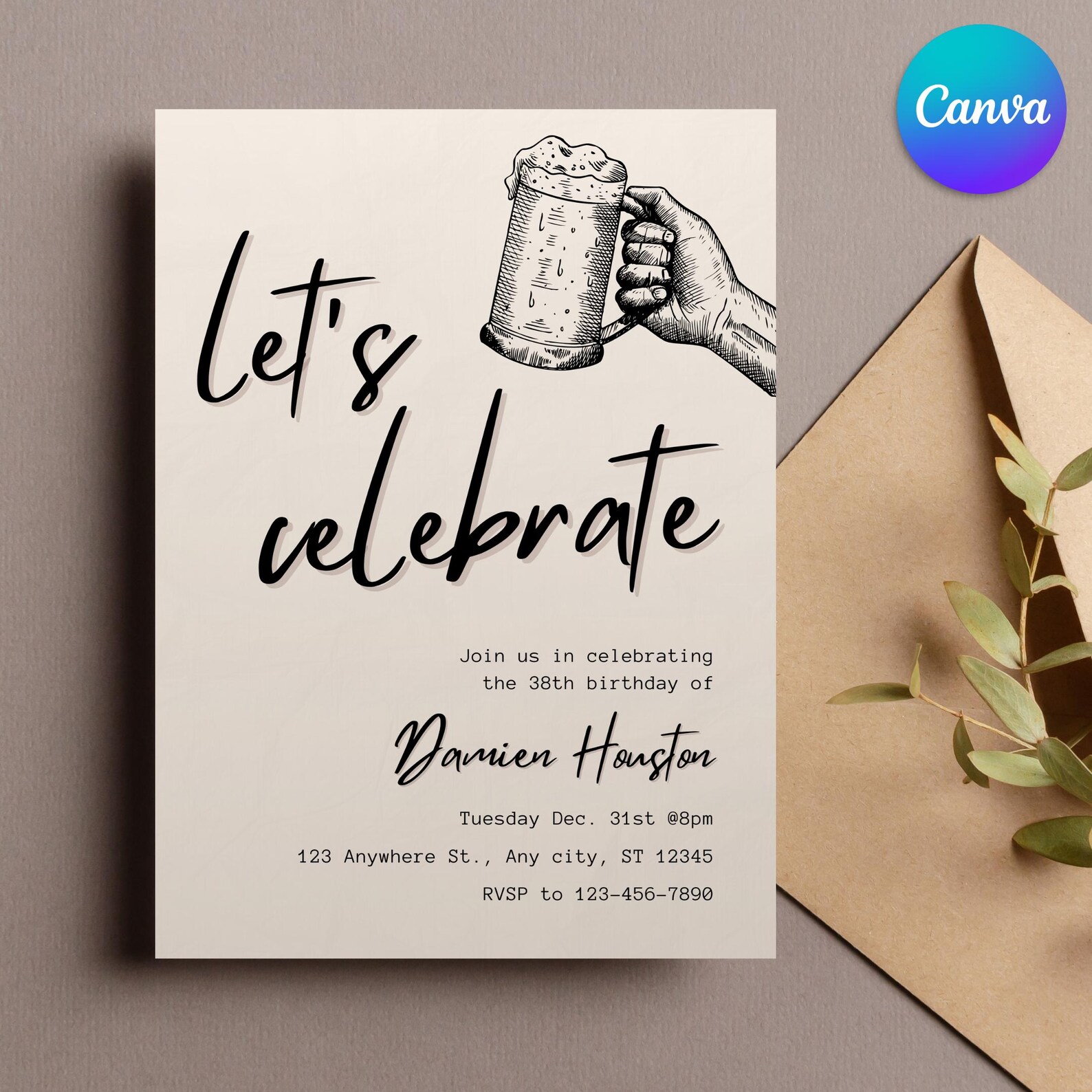 Party Invite - Beer Birthday Invitation, Editable Canva Template for ...