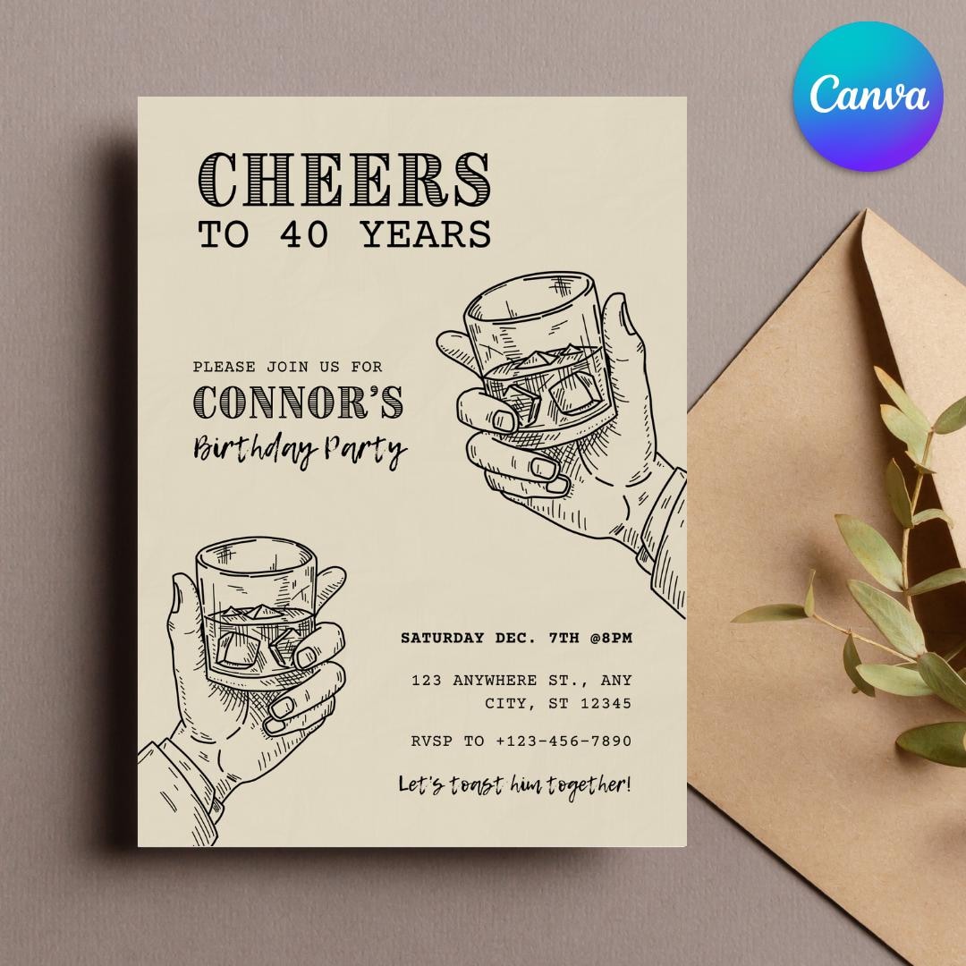 Party Invite - Whiskey Birthday Invitation, Editable Canva Template for ...