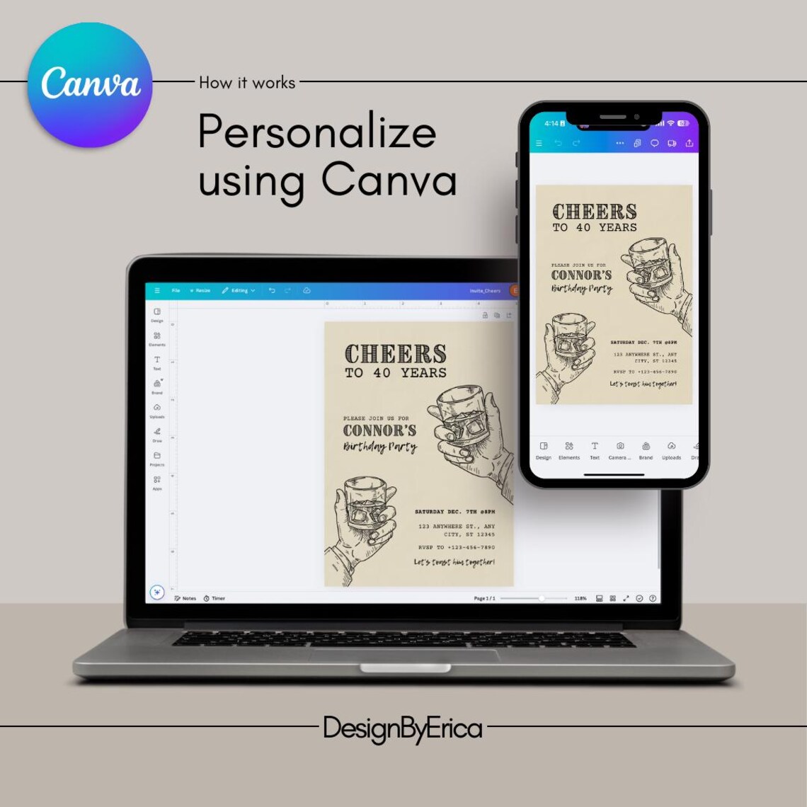 Party Invite - Whiskey Birthday Invitation, Editable Canva Template for ...